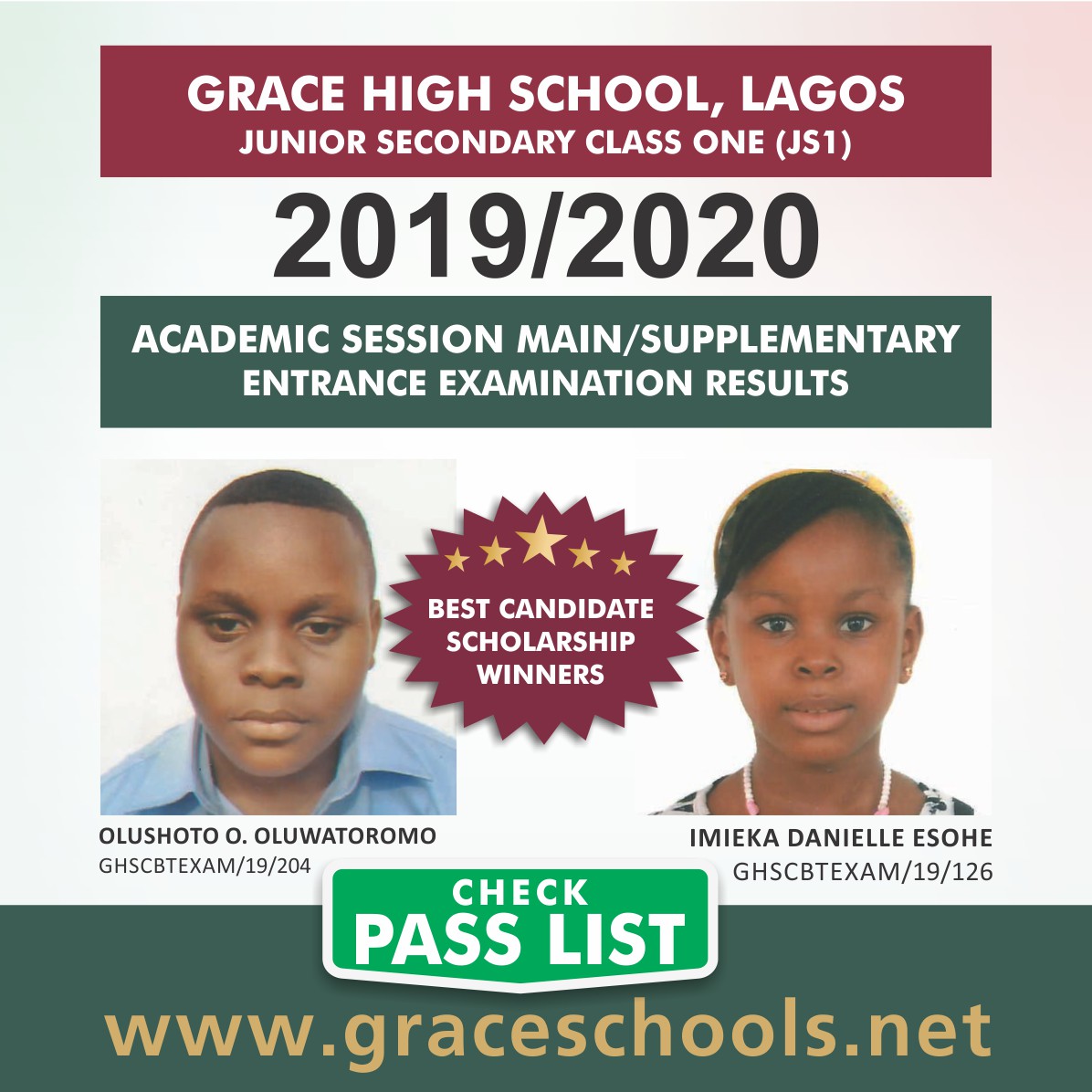2019/2020 GHS (JS 1) Entrance Examination Results - Grace Schools